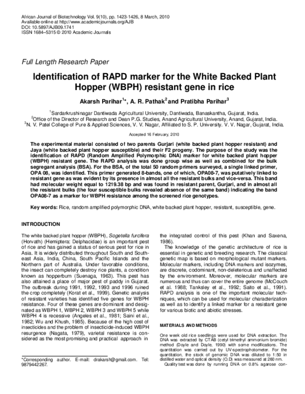 (PDF) Identification of RAPD marker for the White Backed Plant Hopper ...
