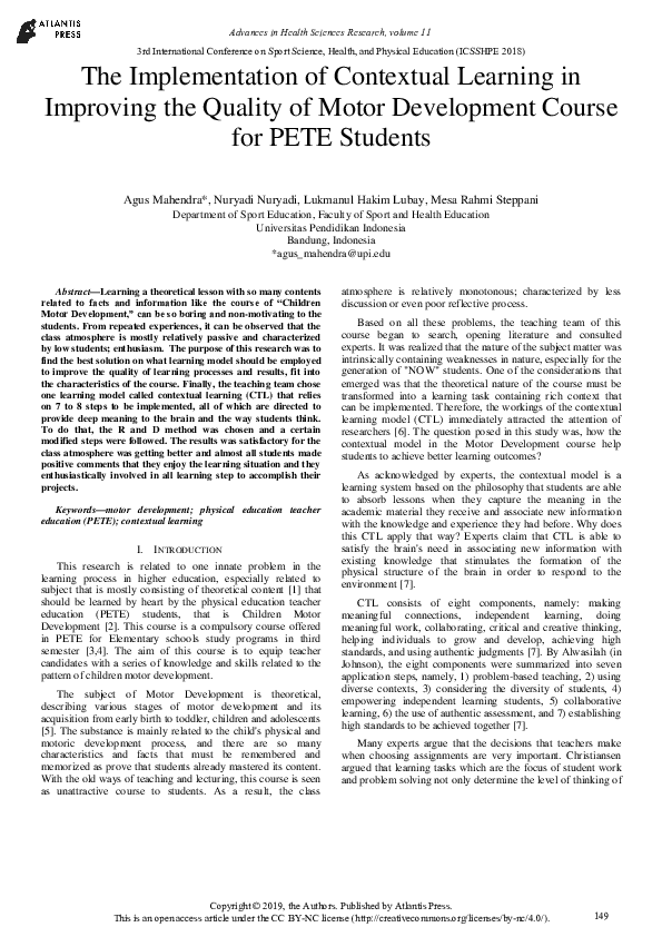 (PDF) Contextual Learning Enhances Motor Development Course