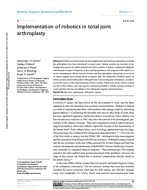 (PDF) Implementation of robotics in total joint arthroplasty