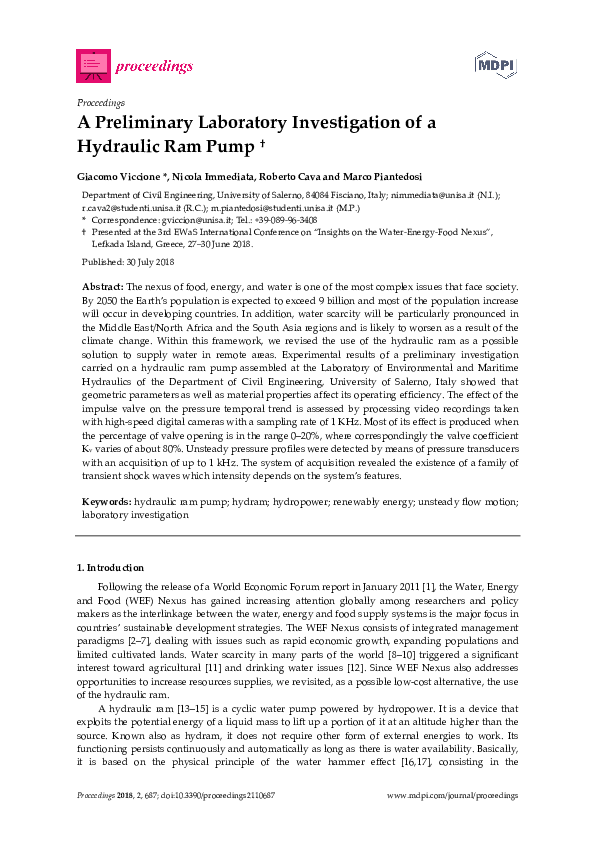(PDF) A Preliminary Laboratory Investigation of a Hydraulic Ram Pump