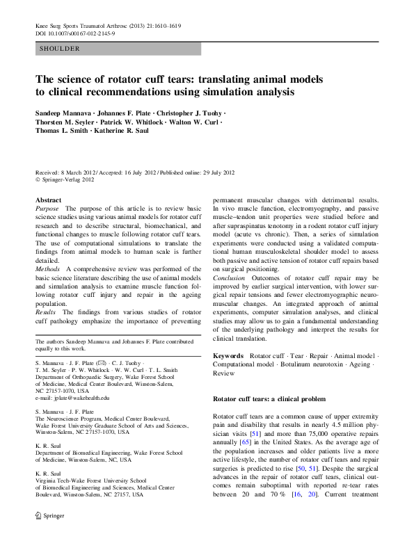 (PDF) The science of rotator cuff tears: translating animal models to ...