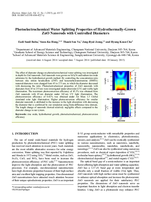 (PDF) Photoelectrochemical water splitting properties of hydrothermally-grown ZnO nanorods with ...