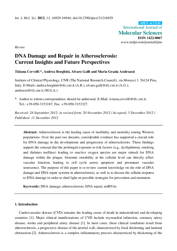 (PDF) DNA Damage and Repair in Atherosclerosis: Current Insights and ...