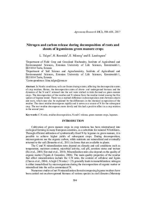 (PDF) Nitrogen and carbon release during decomposition of roots and shoots of leguminous green ...