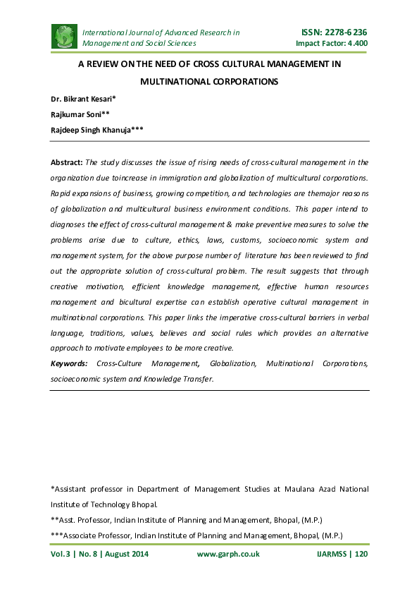 (PDF) A review on the need of cross cultural management in ...