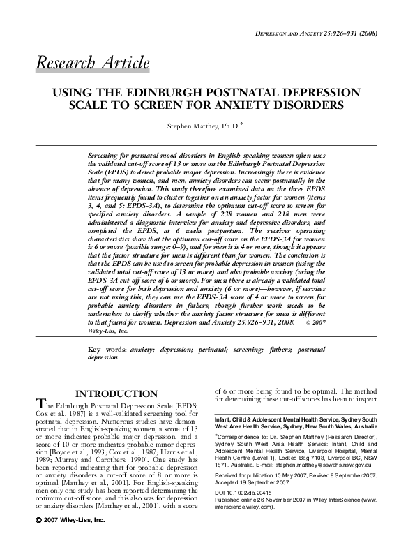 (PDF) Using the Edinburgh postnatal depression scale to screen for ...