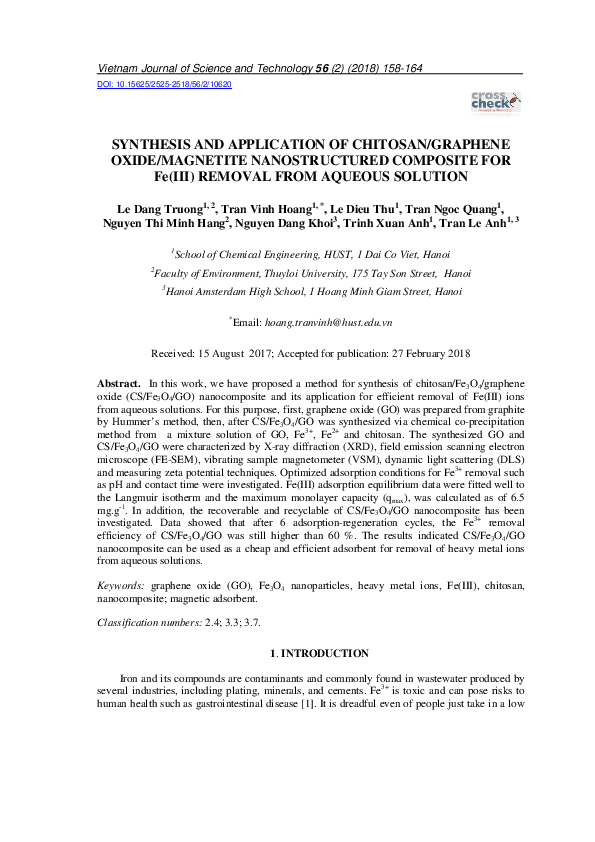 (PDF) SYNTHESIS AND APPLICATION OF CHITOSAN/GRAPHENE OXIDE/MAGNETITE NANOSTRUCTURED COMPOSITE ...