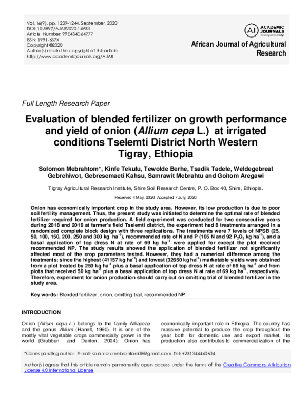 (PDF) Evaluation of blended fertilizer on growth performance and yield of onion (Allium cepa L ...