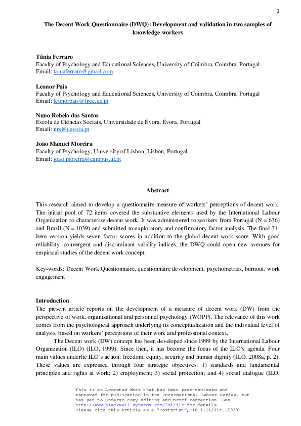 (PDF) The Decent Work Questionnaire: Development and validation in two ...