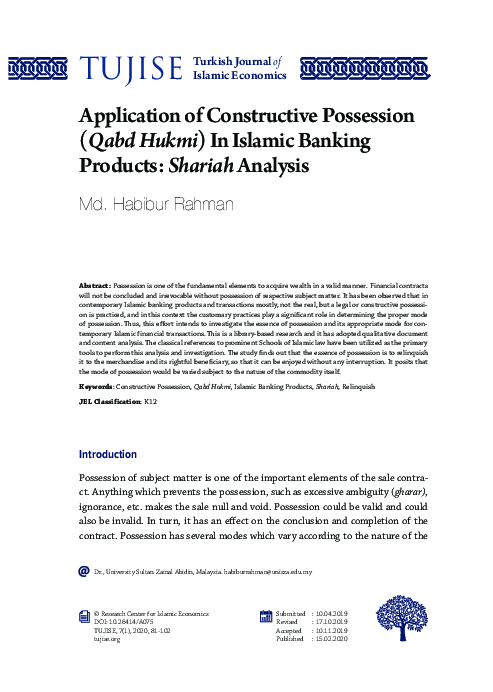 (PDF) Application of Constructive Possession (Qabd Hukmi) In Islamic Banking Products: Shariah ...