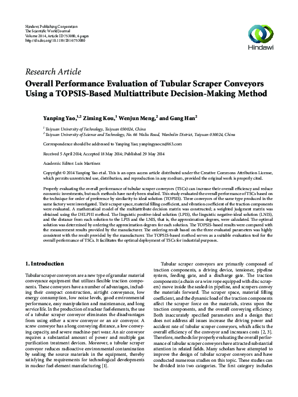 (PDF) Overall performance evaluation of tubular scraper conveyors using a TOPSIS-based ...