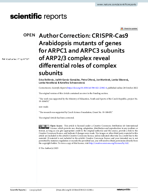 (PDF) Author Correction: CRISPR‑Cas9 Arabidopsis mutants of genes for ARPC1 and ARPC3 subunits ...