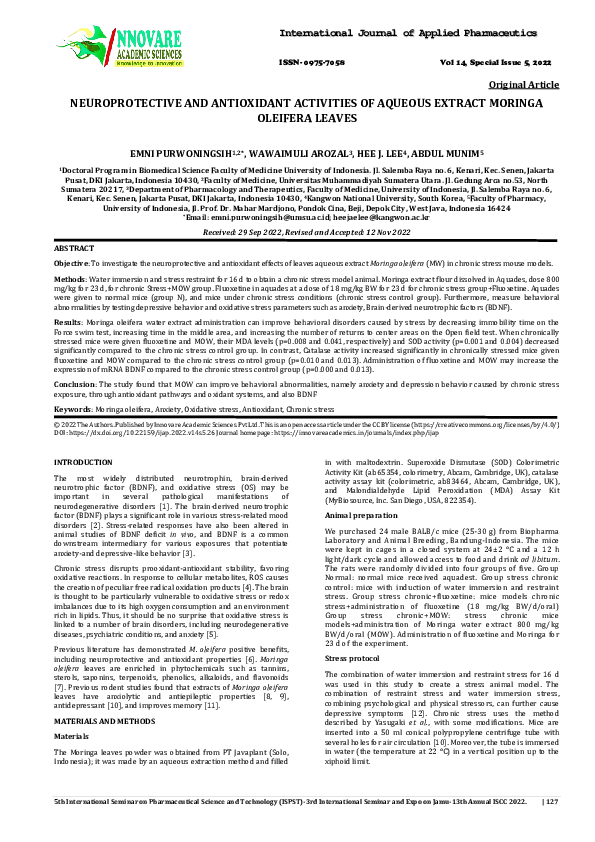 (PDF) NEUROPROTECTIVE AND ANTIOXIDANT ACTIVITIES OF AQUEOUS EXTRACT MORINGA OLEIFERA LEAVES ...