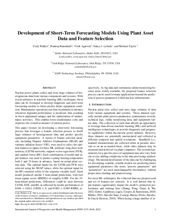 (PDF) Development of Short-Term Forecasting Models Using Plant Asset ... (PDF) Development of Short-Term Forecasting Models Using Plant Asset ...