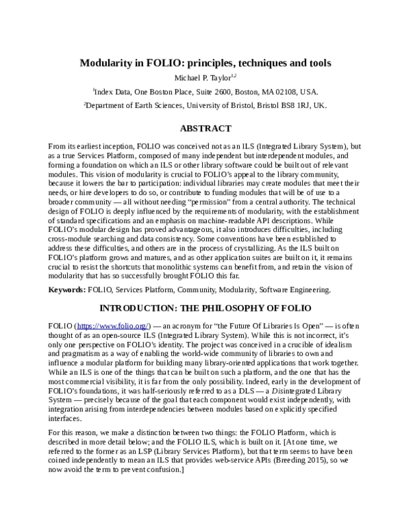 (PDF) Modularity in FOLIO: principles, techniques and tools
