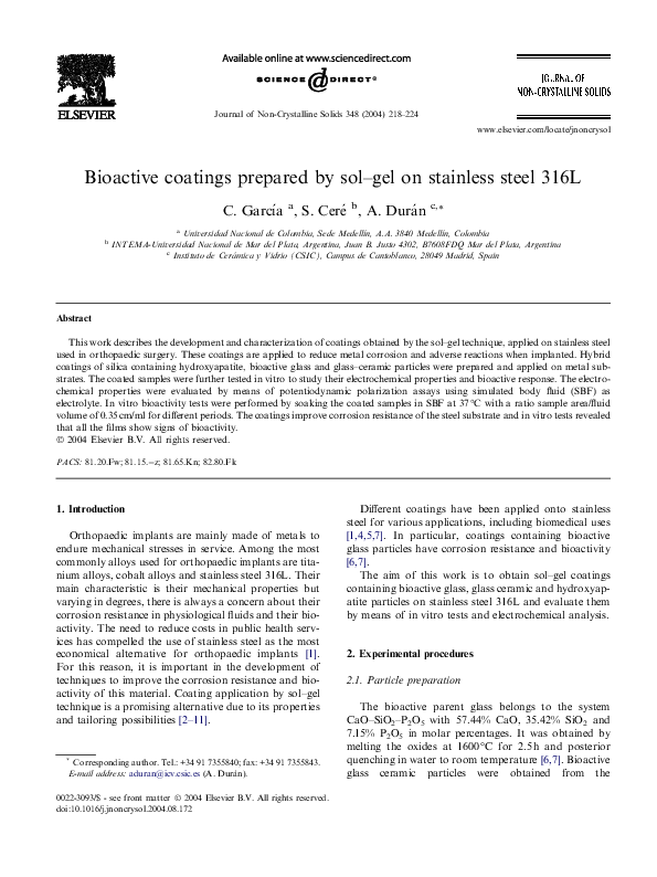 (PDF) Bioactive coatings prepared by sol–gel on stainless steel 316L