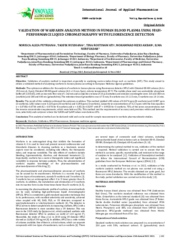 (PDF) VALIDATION OF WARFARIN ANALYSIS METHOD IN HUMAN BLOOD PLASMA USING HIGH-PERFORMANCE LIQUID ...