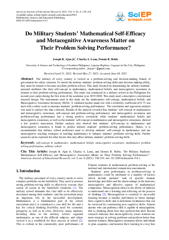 (PDF) Impact of Self-Efficacy and Metacognition on Military Cadets' Problem Solving