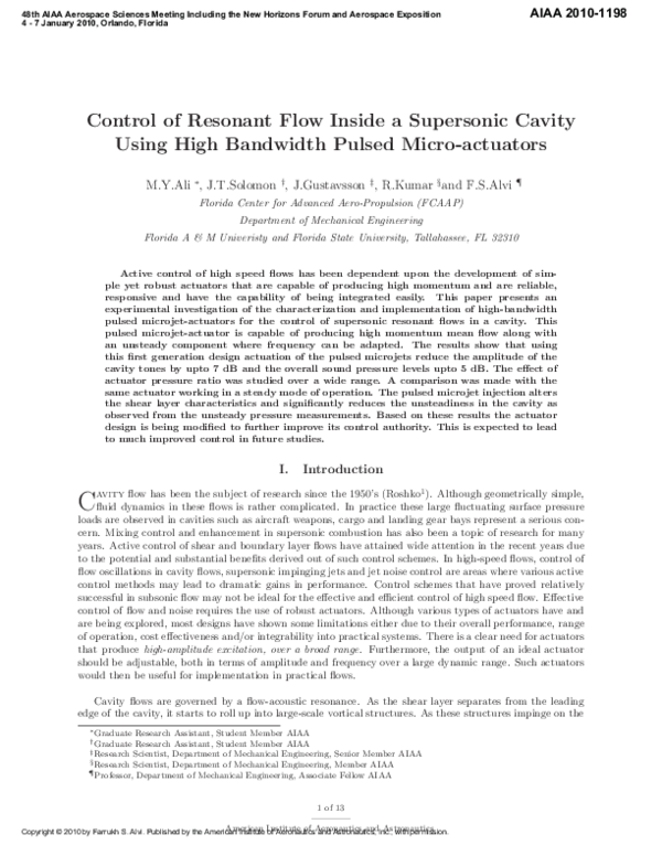 (PDF) Control of Resonant Flow Inside a Supersonic Cavity Using High Bandwidth Micro-Actuators