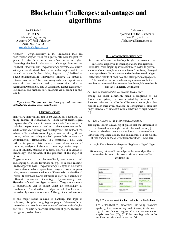 (PDF) Blockchain Challenges: advantages and algorithms