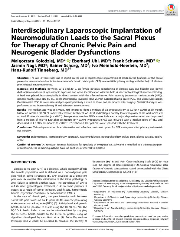 (PDF) Interdisciplinary Laparoscopic Implantation of Neuromodulation Leads to the Sacral Plexus ...
