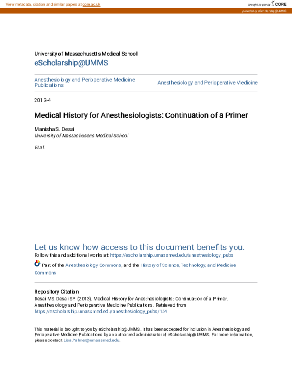 (PDF) Medical History for Anesthesiologists: Continuation of a Primer