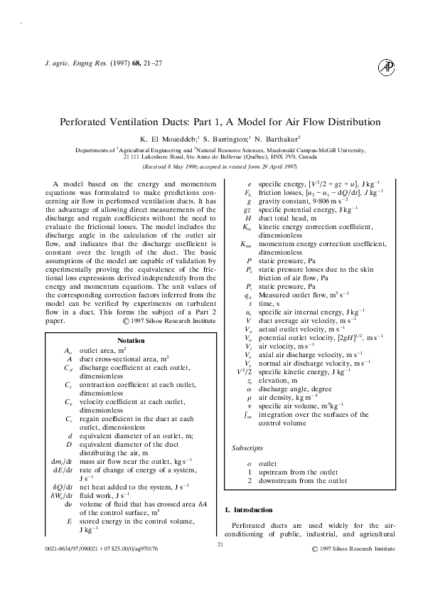 (PDF) Perforated Ventilation Ducts: Part 1, A Model for Air Flow Distribution