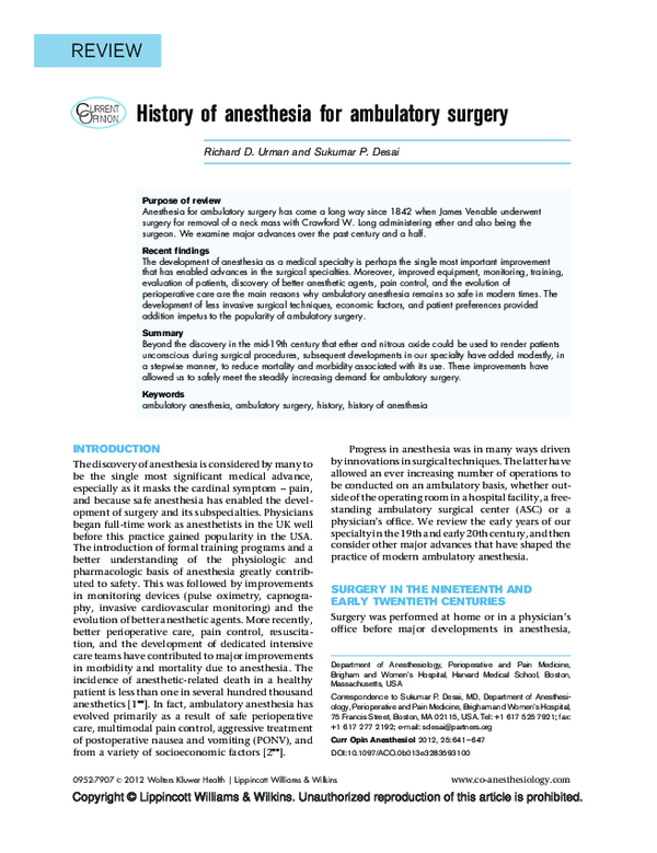 (PDF) History of anesthesia for ambulatory surgery