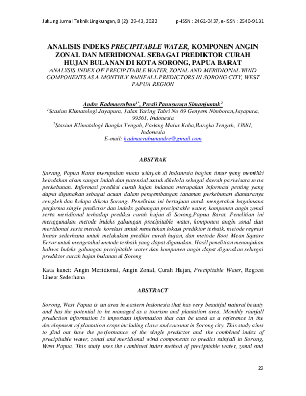 (PDF) Analisis Indeks Precipitable Water, Komponen Angin Zonal Dan Meridional Sebagai Prediktor ...