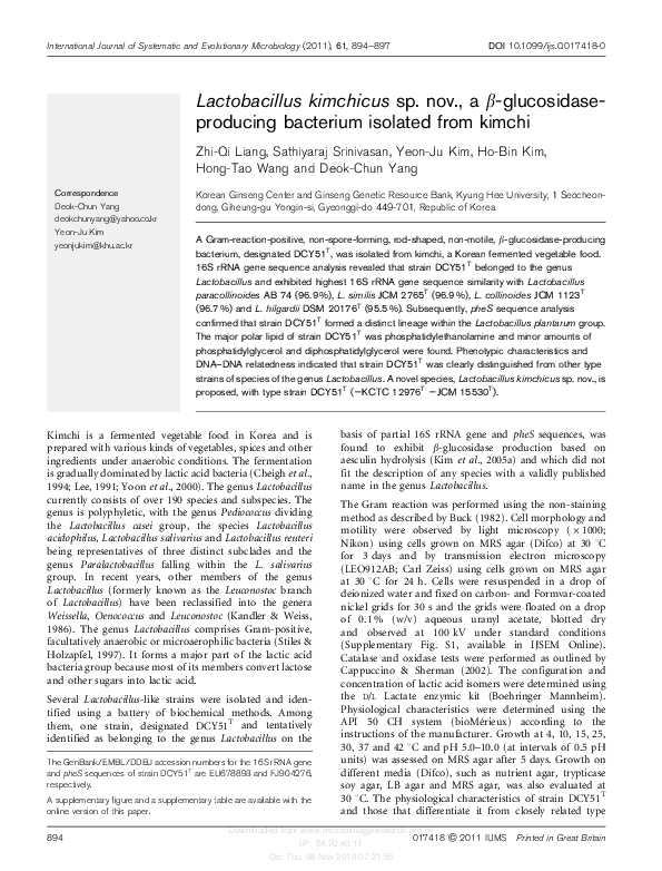 (PDF) Lactobacillus kimchicus sp. nov., a β-glucosidase-producing ...