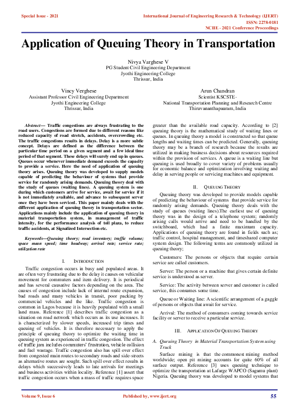 (PDF) Application of Queuing Theory in Transportation