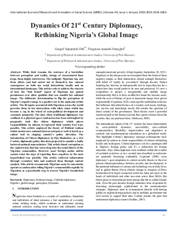 (PDF) Dynamics Of 21st Century Diplomacy, Rethinking Nigeria’s Global Image