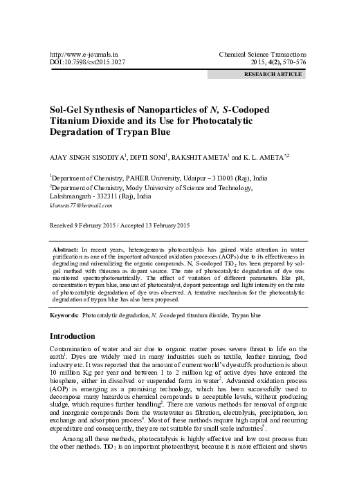 (PDF) Sol-Gel Synthesis of Nanoparticles of N, S-Codoped Titanium Dioxide and its Use for ...