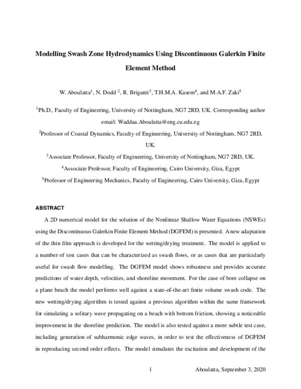 (PDF) Modeling Swash Zone Hydrodynamics Using Discontinuous Galerkin Finite-Element Method
