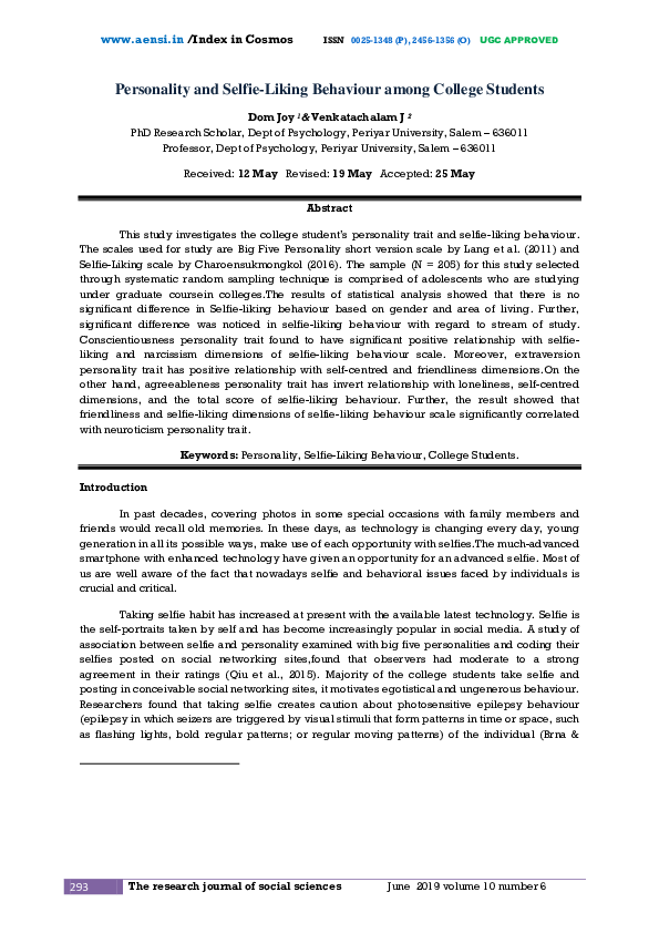 (PDF) Personality and Selfie-Liking Behaviour among College Students