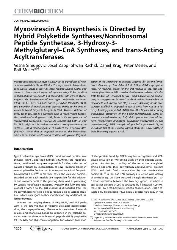 (PDF) Myxovirescin A Biosynthesis is Directed by Hybrid Polyketide Synthases/Nonribosomal ...