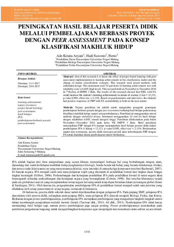 (PDF) Peningkatan Hasil Belajar Peserta Didik Melalui Pembelajaran Berbasis Proyek Dengan Peer ...