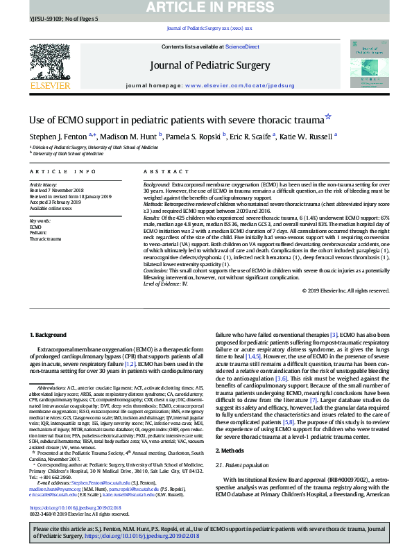 (PDF) Use of ECMO support in pediatric patients with severe thoracic trauma