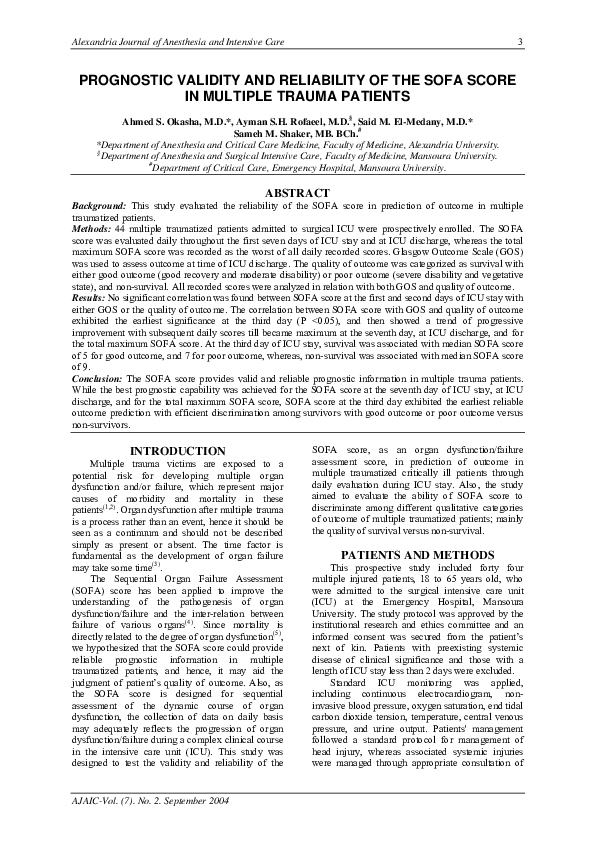 (PDF) Prognostic Validity and Reliability of the Sofa Score in Multiple ...