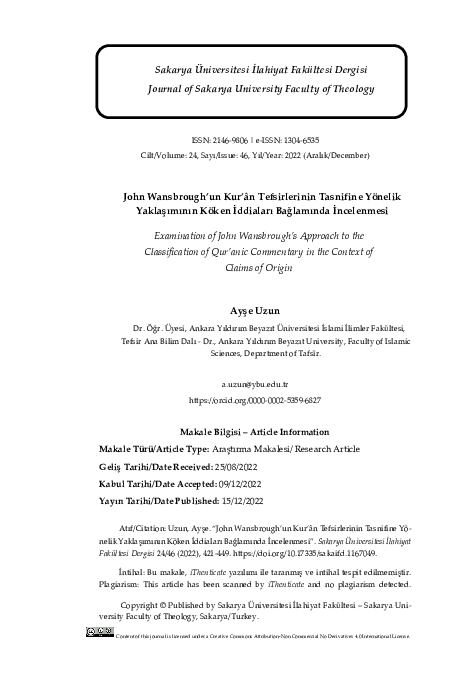 (PDF) John Wansbrough’un Kur’ân Tefsirlerinin Tasnifine Yönelik ...