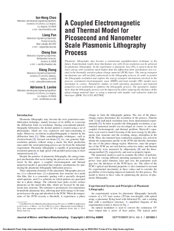Pdf A Coupled Electromagnetic And Thermal Model For Picosecond And Nanometer Scale Plasmonic