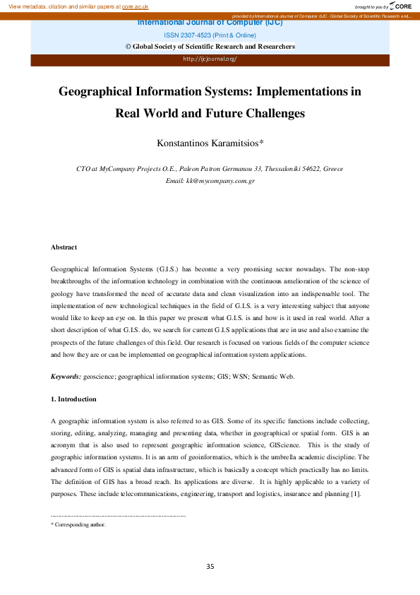 (PDF) Geographical Information Systems: Implementations in Real World and Future Challenges