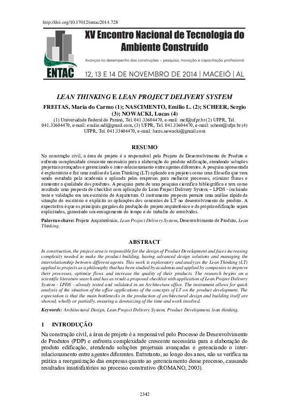 (PDF) Lean Thinking e Lean Project Delivery System