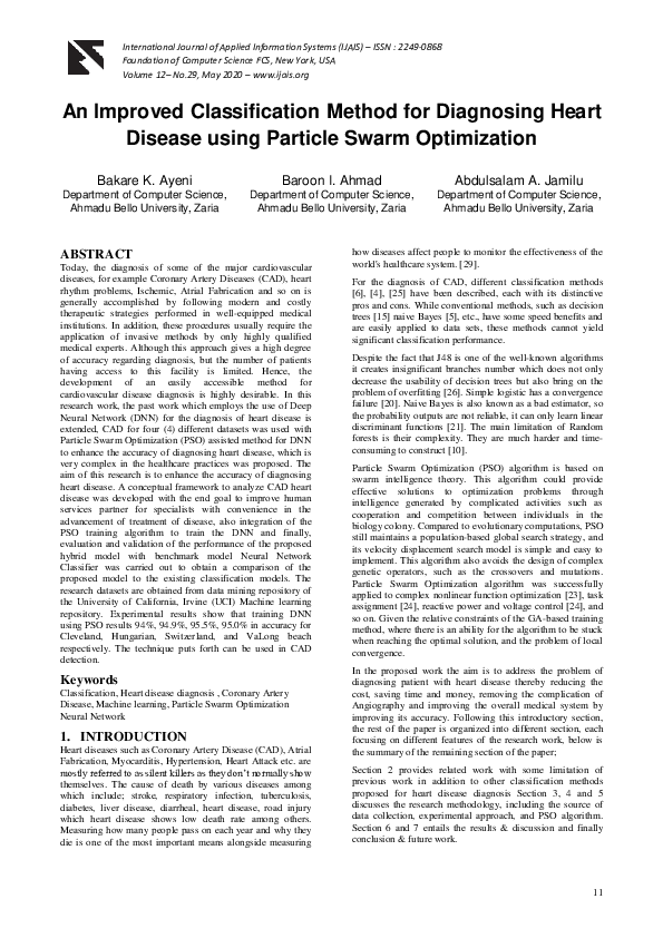 (PDF) An Improved Classification Method for Diagnosing Heart Disease using Particle Swarm ...