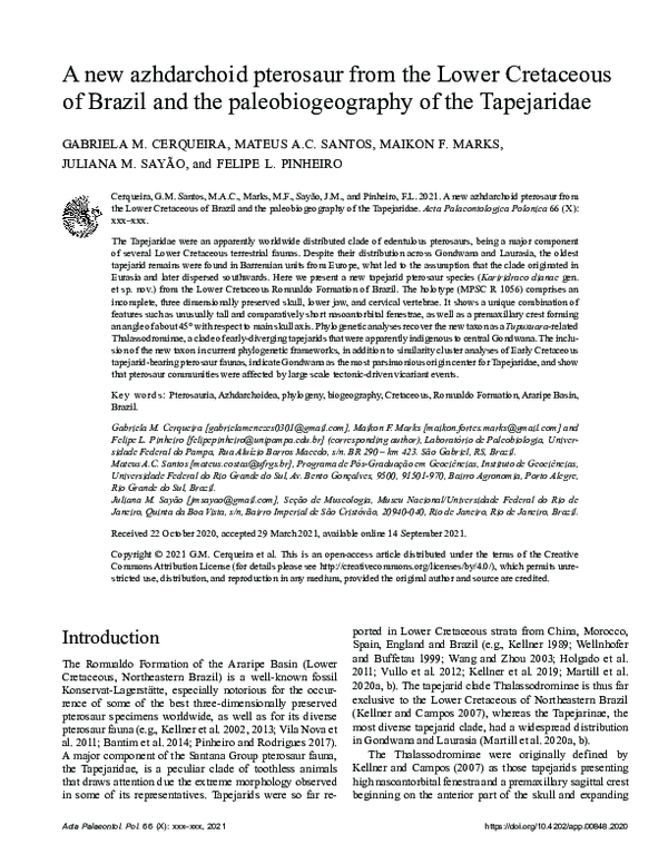 (PDF) A new pterosaur species from the Lower Cretaceous of Brazil and ...