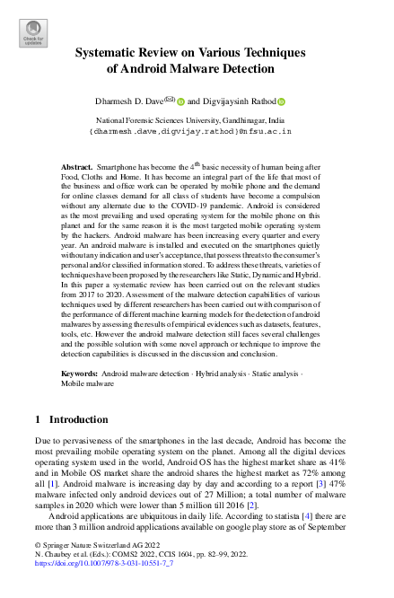 Pdf Systematic Review On Various Techniques Of Android Malware Detection