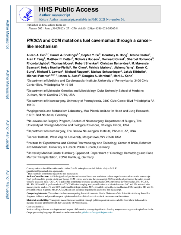 (PDF) PIK3CA and CCM mutations fuel cavernomas through a cancer-like ...