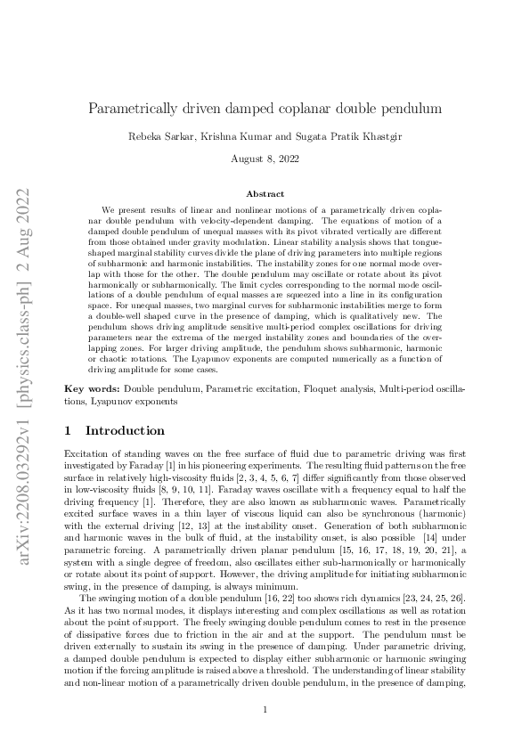 (PDF) Parametrically driven damped coplanar double pendulum
