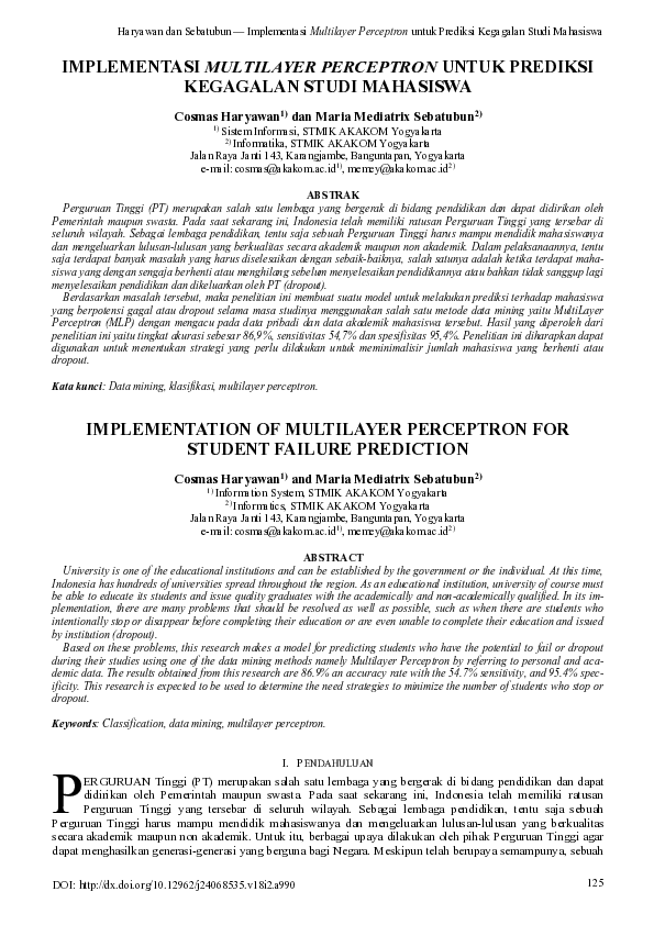 (PDF) Implementation of Multilayer Perceptron for Student Failure Prediction