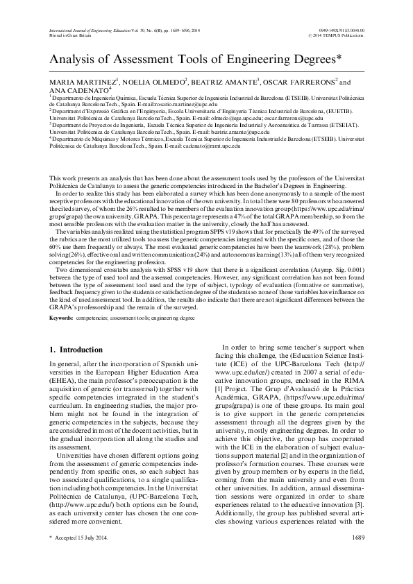 (PDF) Analysis of assessment tools used in engineering degree programs